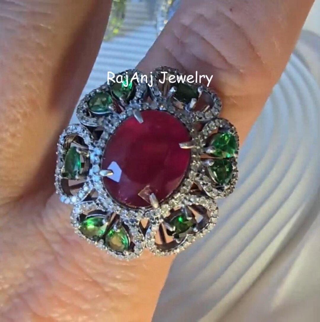 Natural Ruby Gemstone Ring, Natural Tsavorite Gemstone Ring, Pave ...