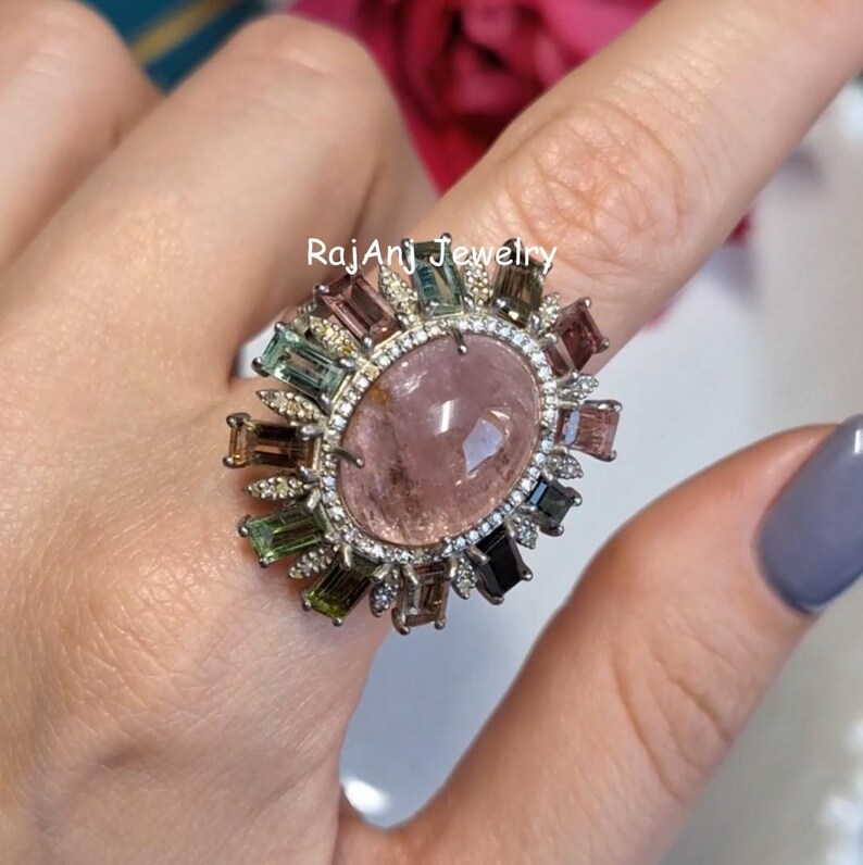 Cabochon Pink Tourmaline Gemstone Ring, Pave Set Diamond Ring, 925 ...