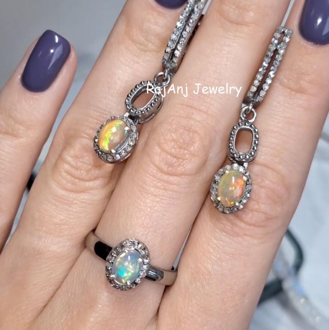 Ethiopian Opal Jewelry Set, 925 Sterling Silver Jewelry, Pave Diamond ...
