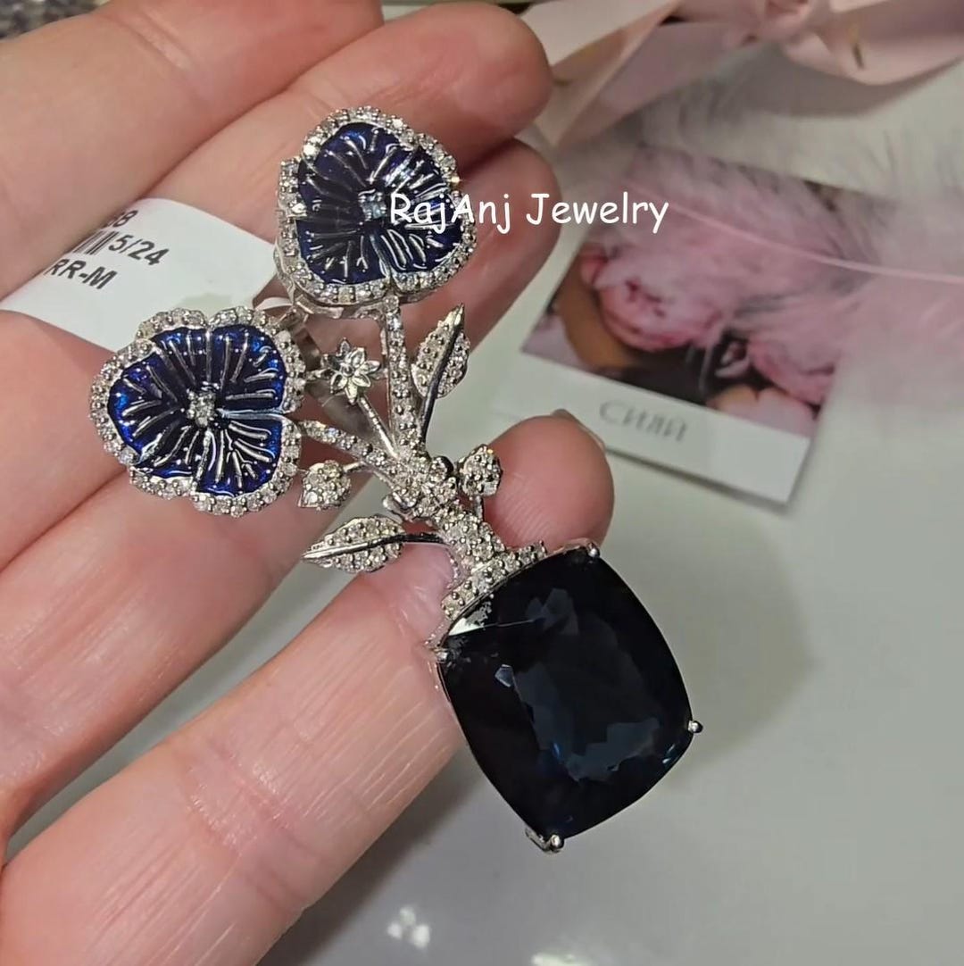 London Blue Topaz Brooch, Pave Diamond 925 Sterling Silver Jewelry ...