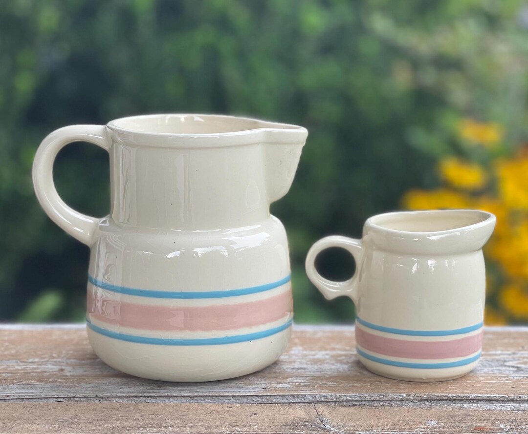 SET Mccoy Pink and Blue Banded Pitchers, Creamer 1414 and Milk Pitcher ...