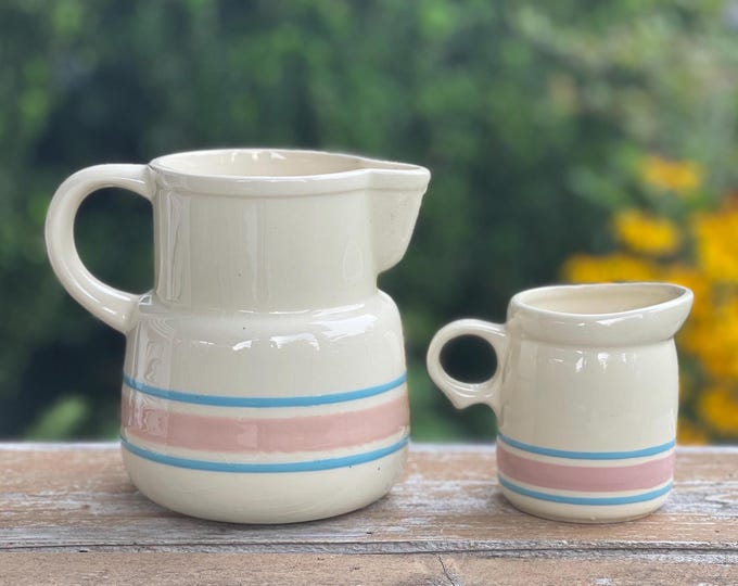 SET Mccoy Pink and Blue Banded Pitchers, Creamer 1414 and Milk Pitcher ...