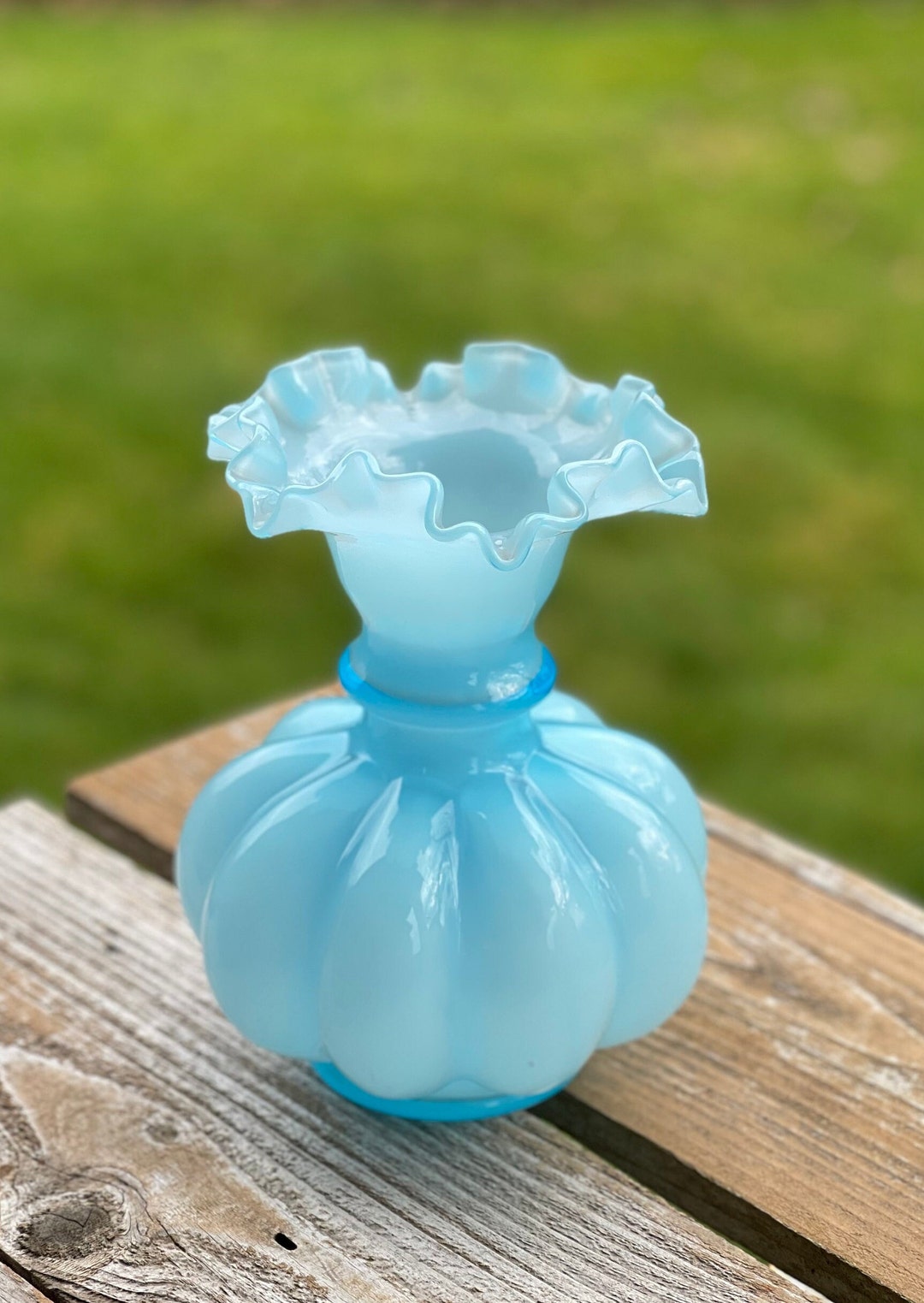 Fenton Blue Melon Overlay Ball Vase, Wide Double Ruffle, Blue Glass ...