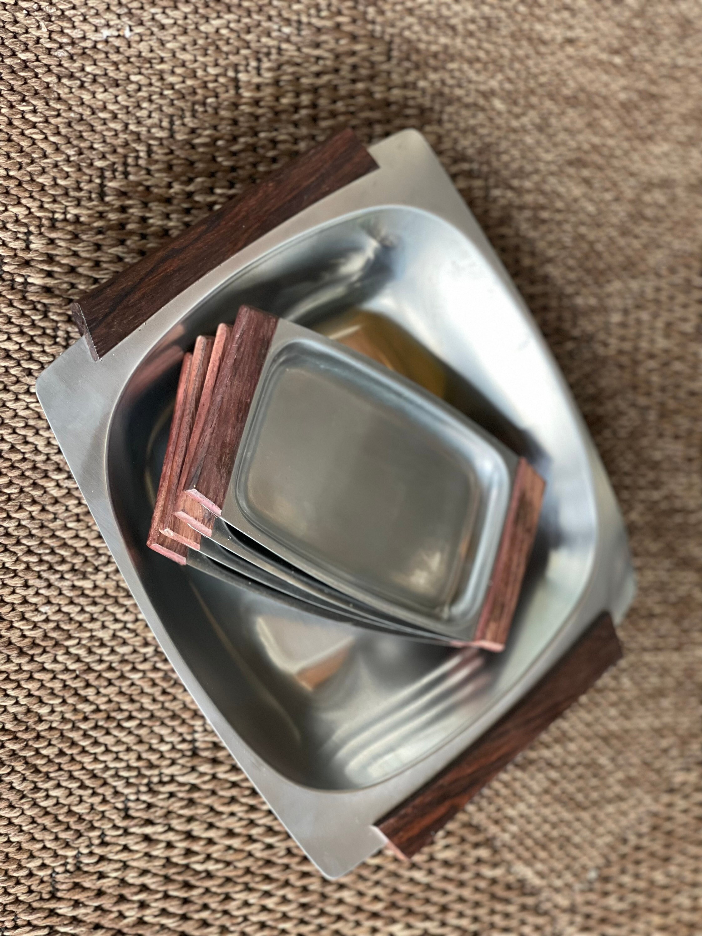 Home & Living Trays & Platters MCM Mini Stainless and Teak Trays Set of ...