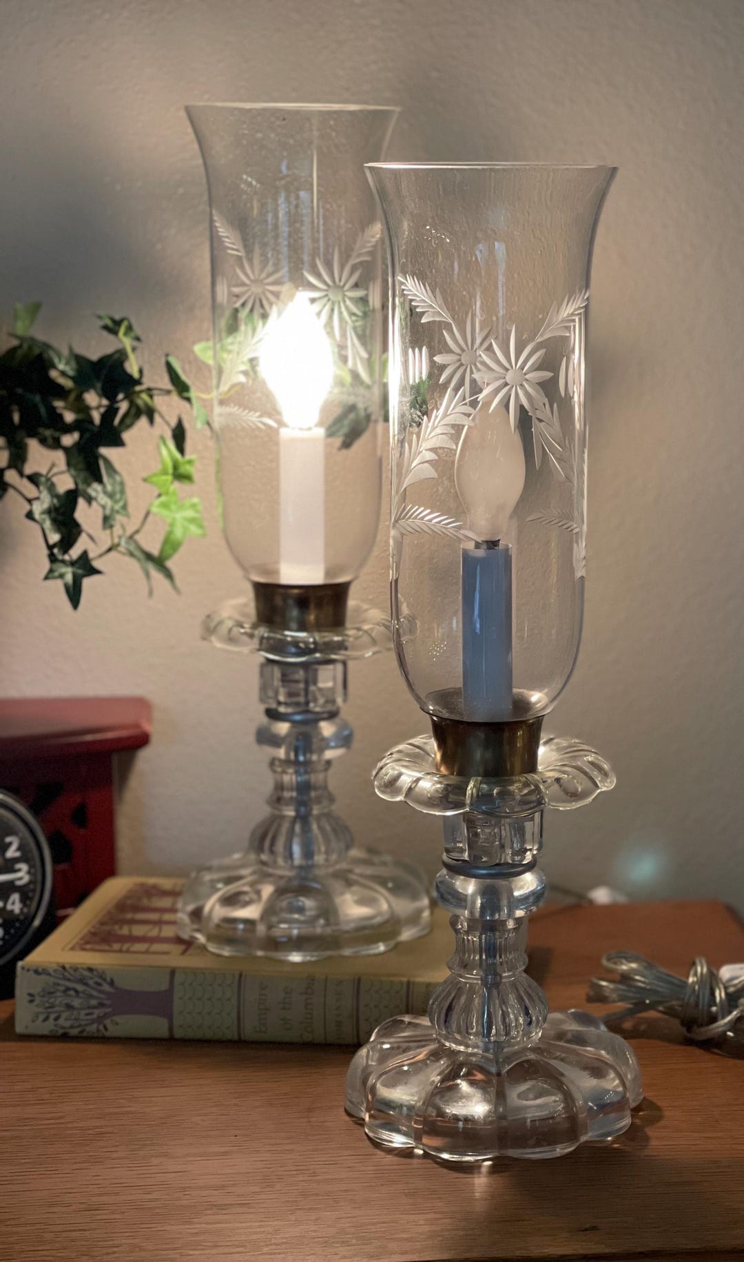 Pair of Electric Glass Candle Style Hurricane Lamps, Luster Mantle Lamp ...