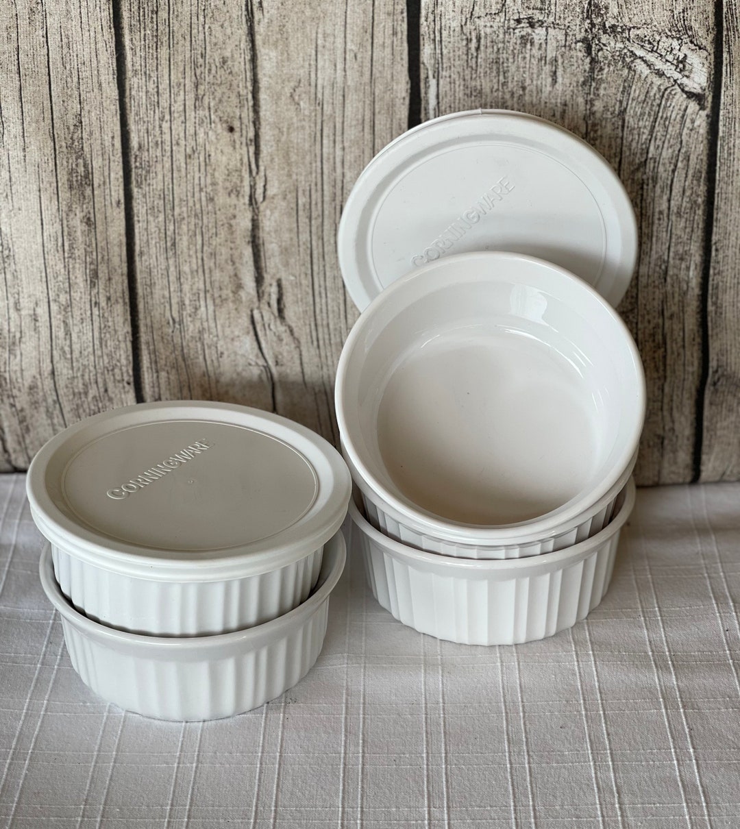 4 Corning Ware Ribbed Ramekins/ Round Casserole, French White, With or ...