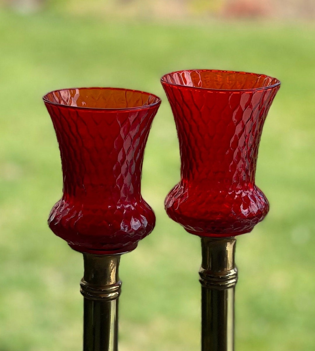 Pair of Italian Red Optic Swirl Glass Votive Candle Shades, Peg Shades ...