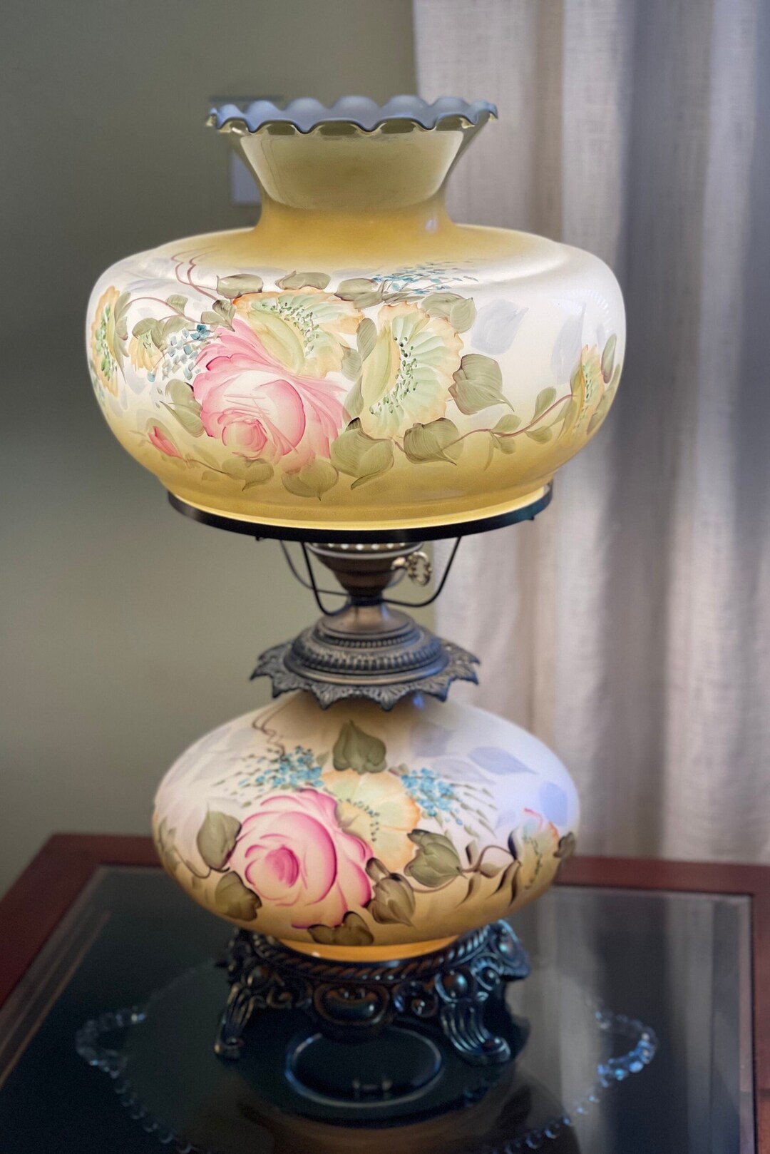 Large Green Hand Painted Floral Parlor Lamp With Shade, Gone With the ...