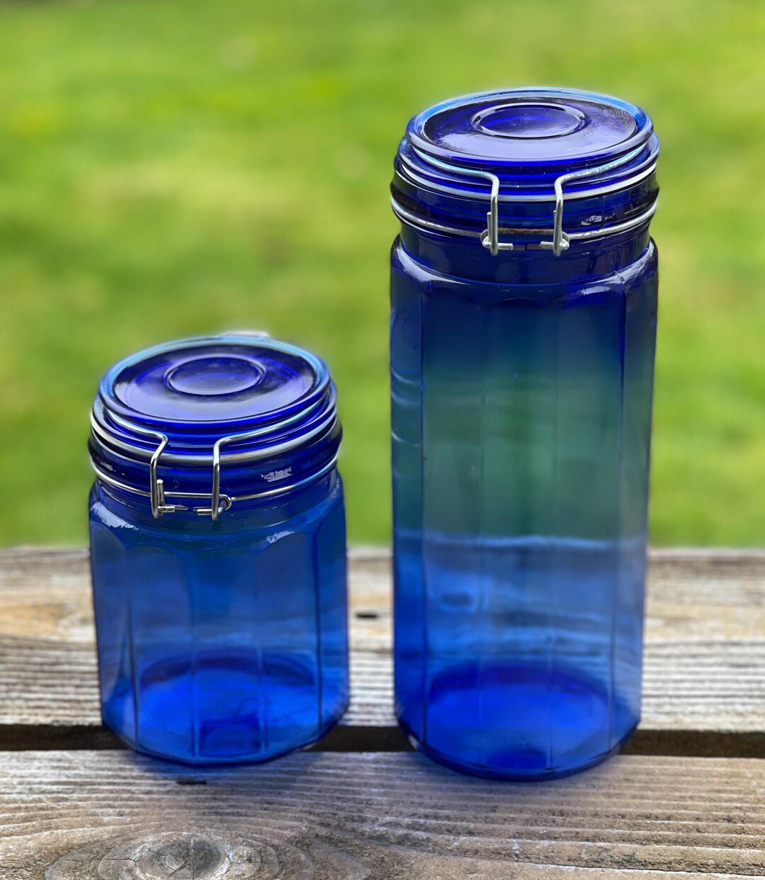 Set of Cobalt Blue Glass Storage Jars With Lids and Wire Bale, 10 Inch ...