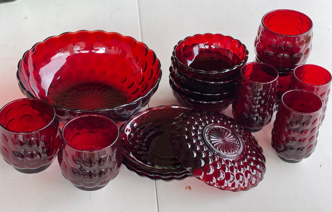 Anchor Hocking BUBBLE Glass Ruby Red Dishes, Salad Serving Bowl, Berry ...