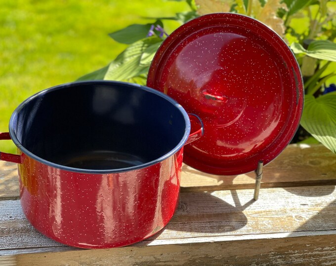 Vintage Red Graniteware Enamel Canner and Lid, Red With White Speckles ...