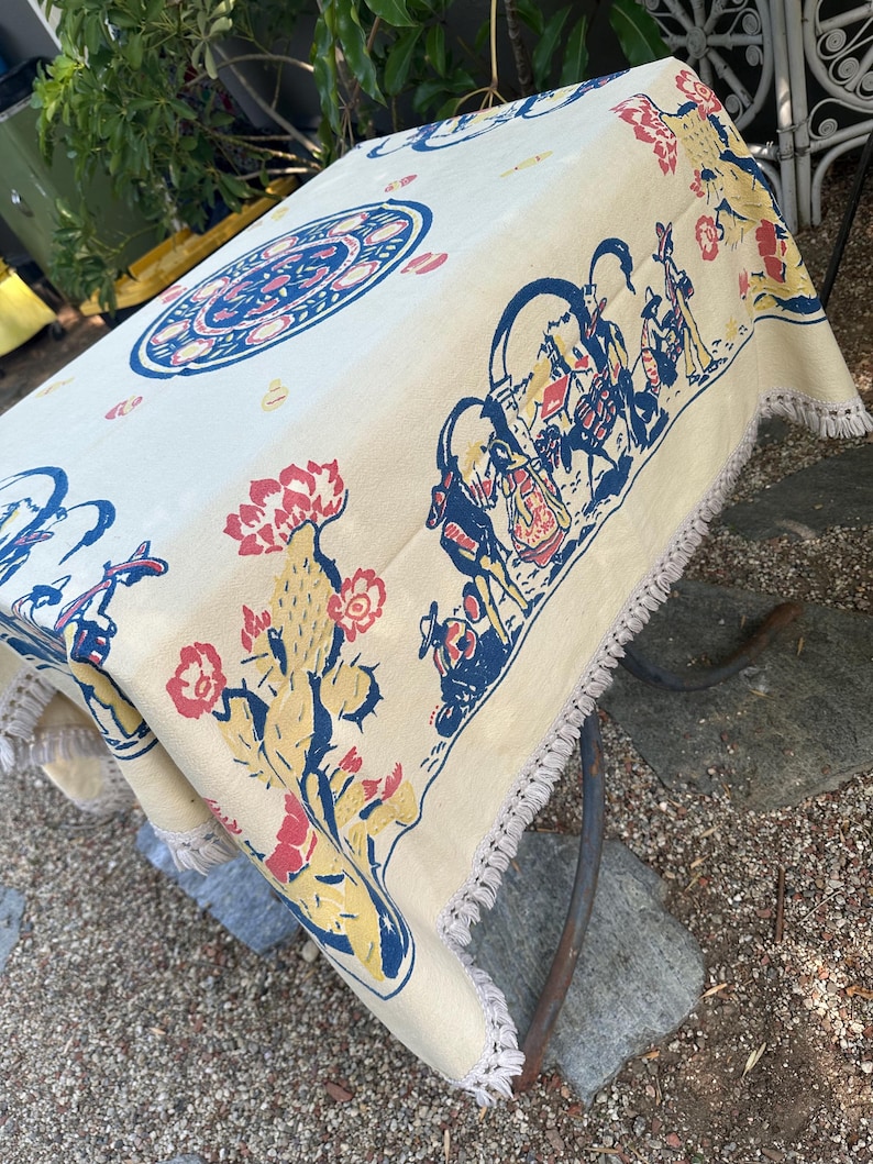 40s Iconic Mexicana Block Print on Cactus Cloth Square Tablecloth ...