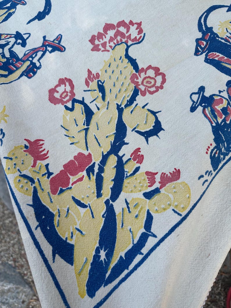 40s Iconic Mexicana Block Print on Cactus Cloth Square Tablecloth ...