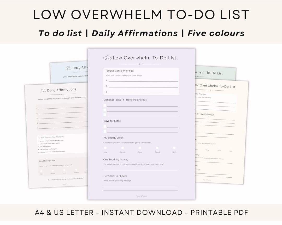 Low Overwhelm To-do List Printable | Daily Affirmations Sheet ...