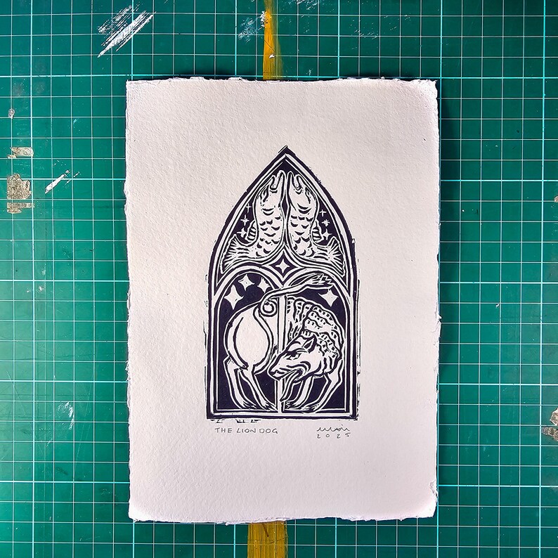 The Lion Dog - Original Small Linocut Print - Etsy