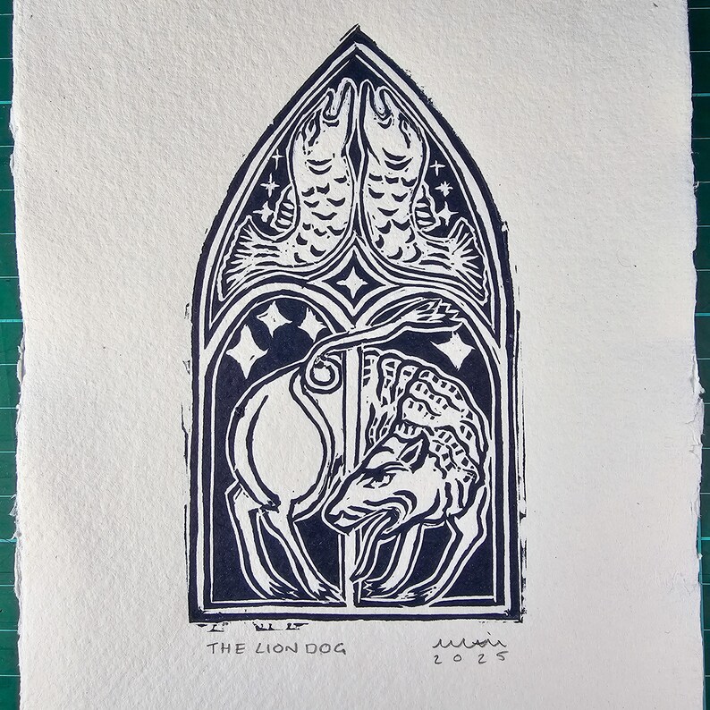 The Lion Dog - Original Small Linocut Print - Etsy