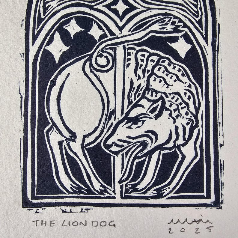 The Lion Dog - Original Small Linocut Print - Etsy