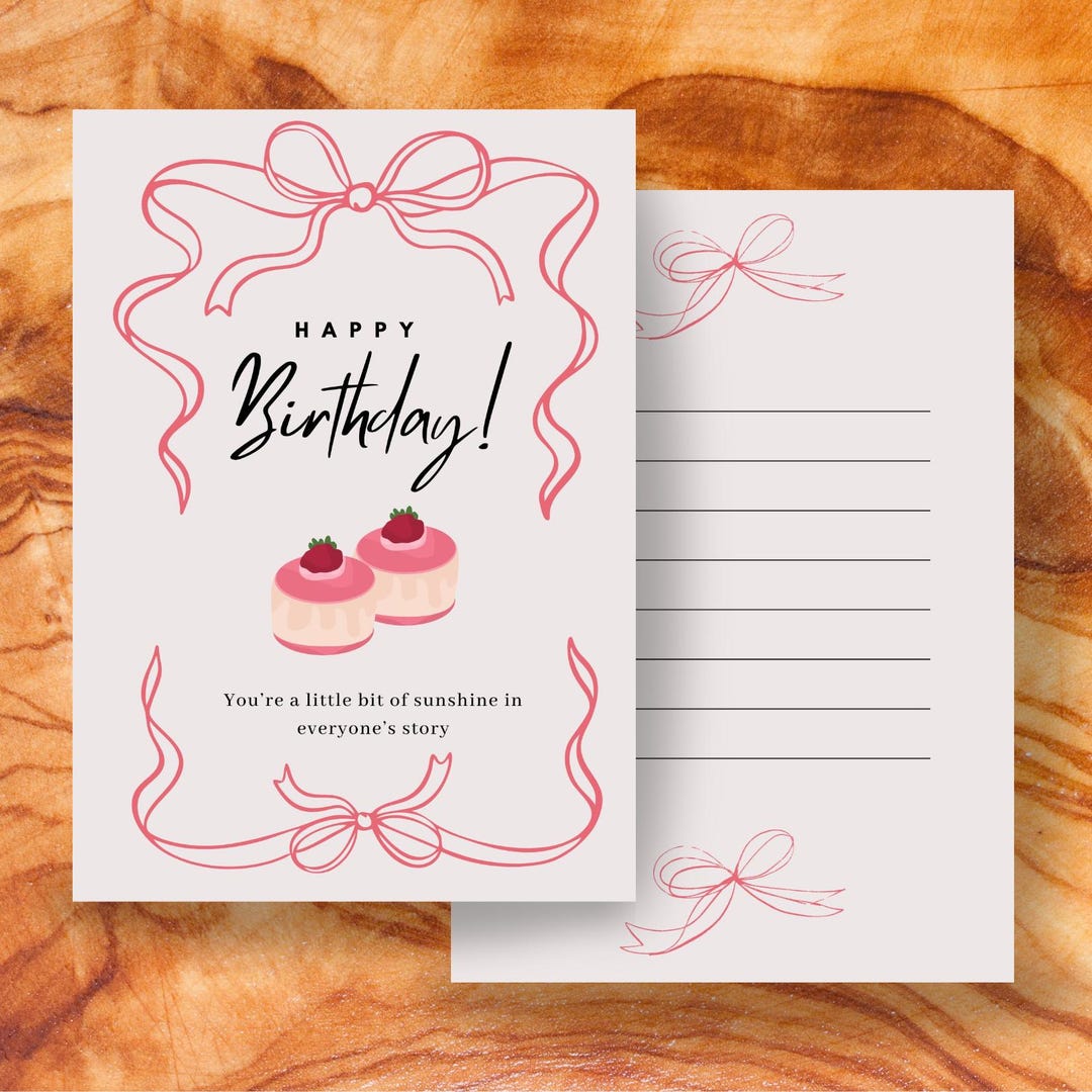 Printable Birthday Card | Pink Ribbon & Cake Design | Instant Download ...