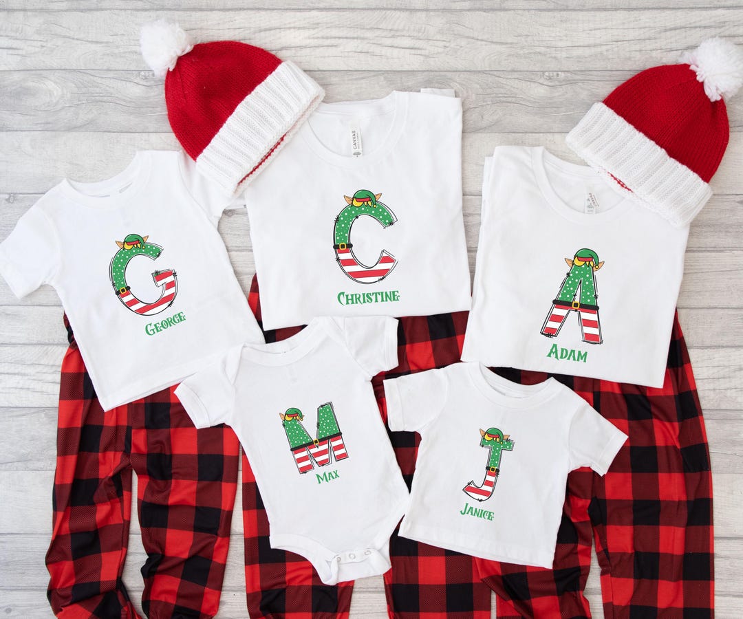 Monogram Personalized Elf Alphabet Christmas Crew T-shirts, Custom ...