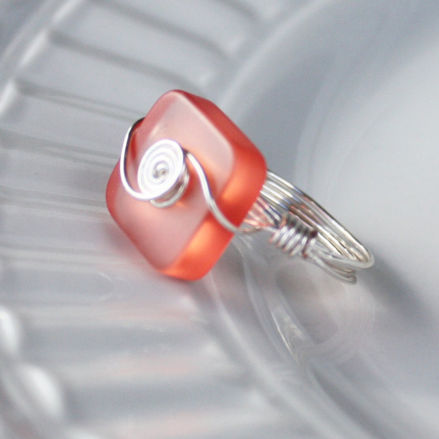 Wire Wrapped Ring - Orange Square Spiral Artisan Ring- Size 7 - Silver ...
