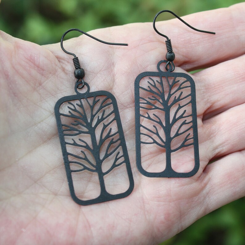 Tree Earrings - Laser Cut Jet Black Tree Silhouette Earrings, Skeleton ...
