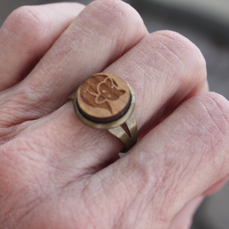 Wood Fox Ring - Cherry Wood Laser Engraved Curled up Fox - Adjustable ...