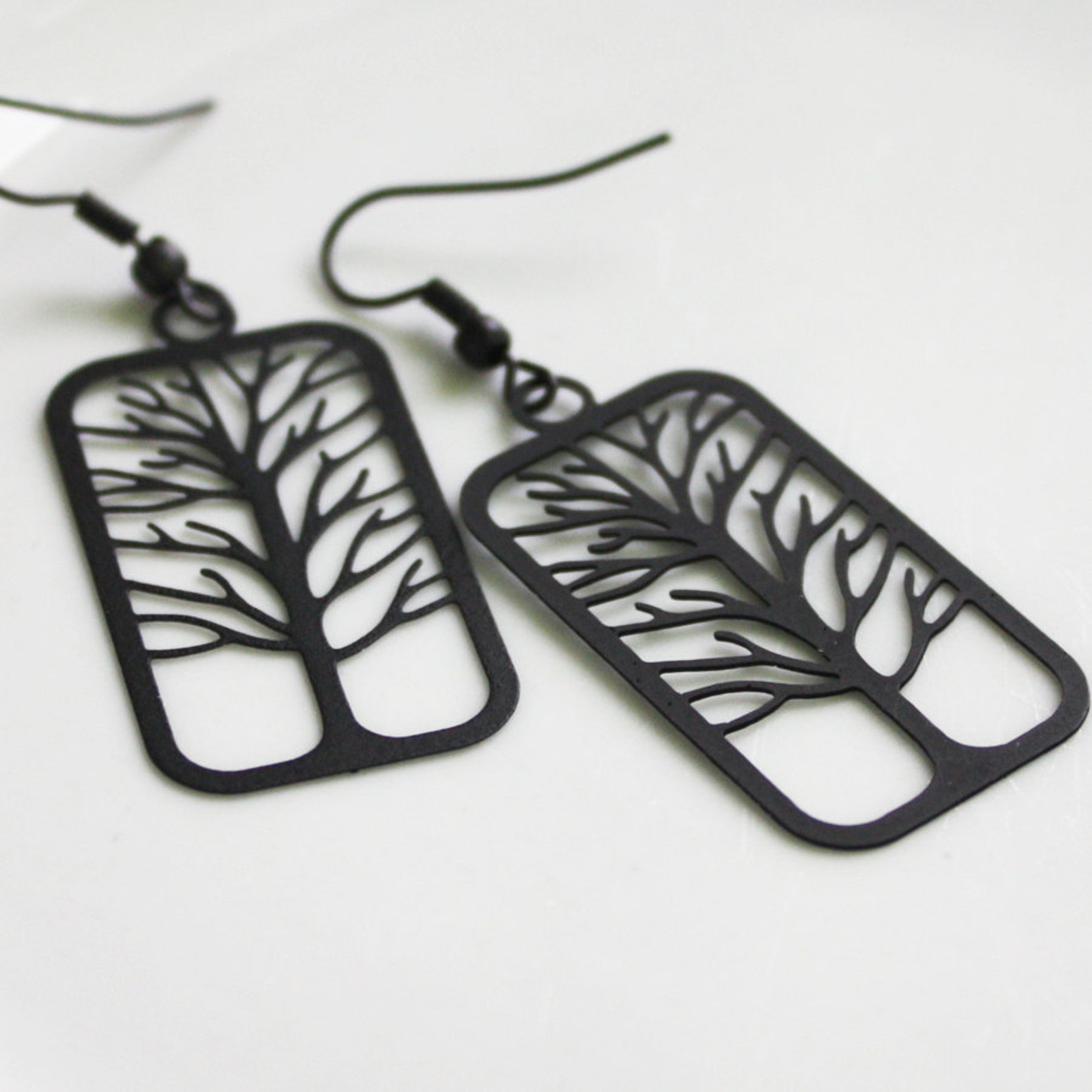 Tree Earrings - Laser Cut Jet Black Tree Silhouette Earrings, Skeleton ...