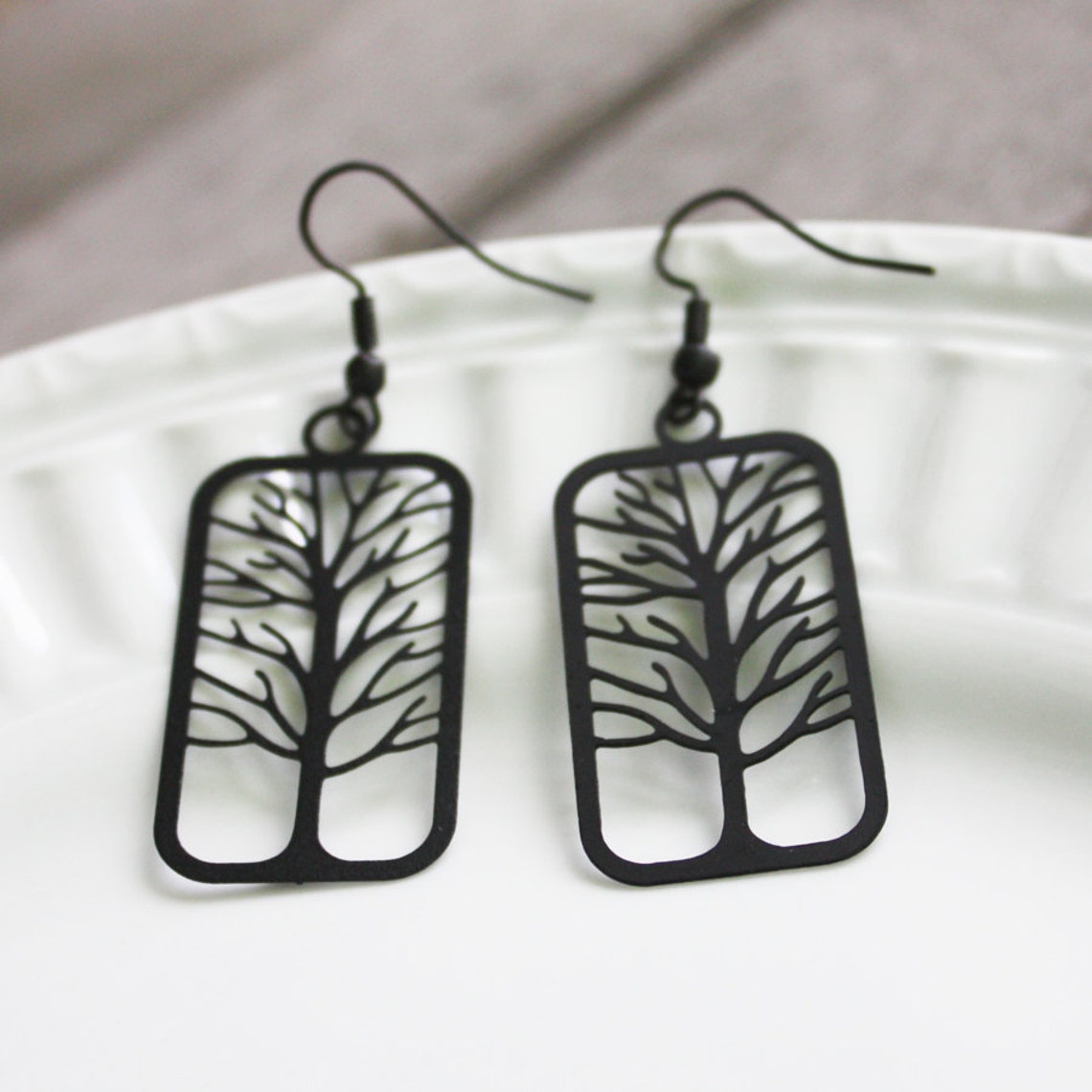 Tree Earrings - Laser Cut Jet Black Tree Silhouette Earrings, Skeleton ...