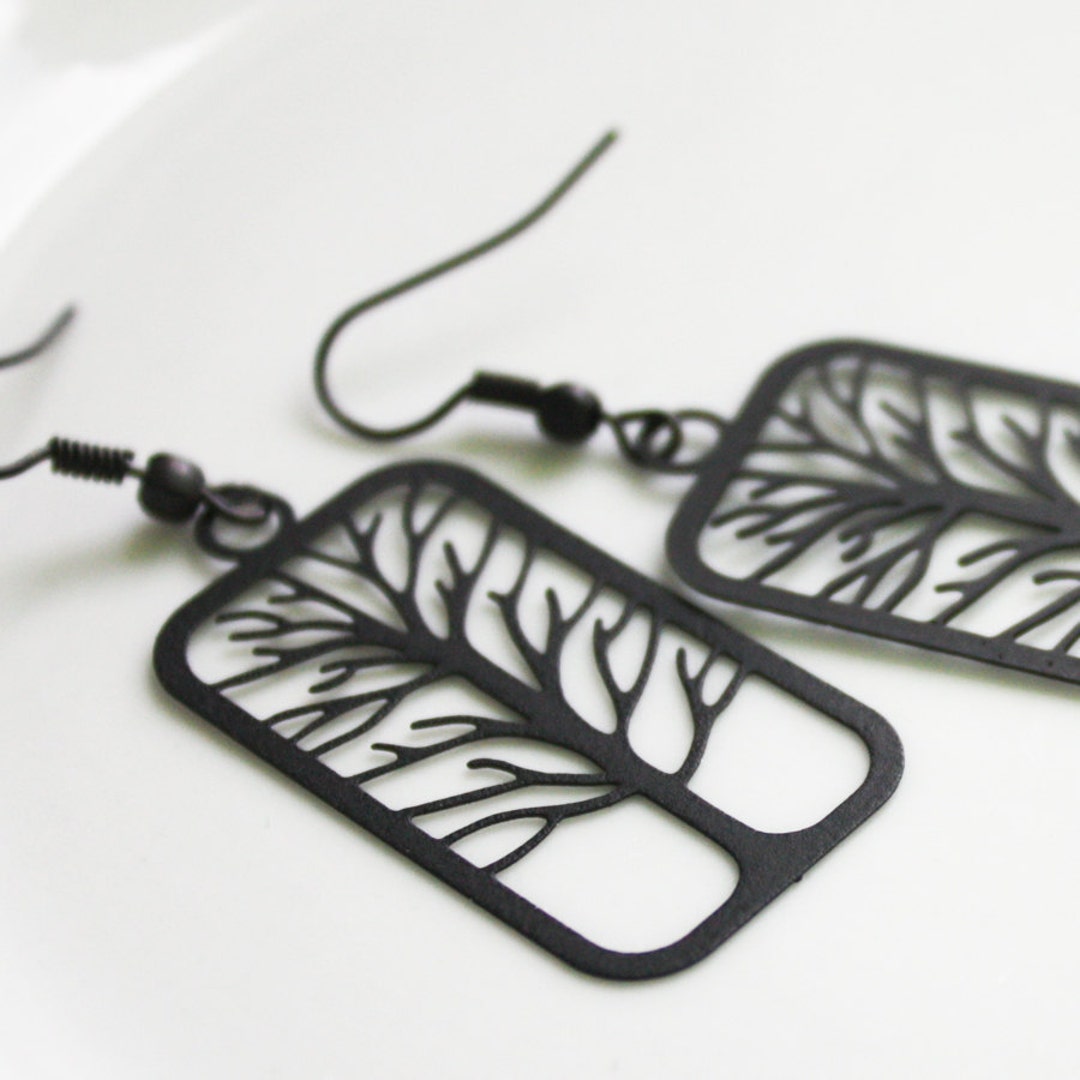 Tree Earrings - Laser Cut Jet Black Tree Silhouette Earrings, Skeleton ...