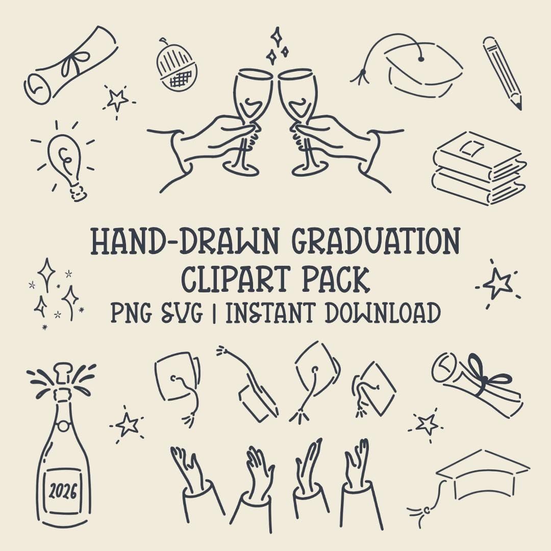 Handdrawn Doodle Graduation Clipart|png SVG Instant Download|hand Drawn ...