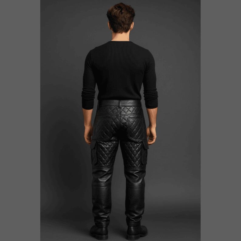 Men's Quilted Black Cowhide Leather Cargo Pants - Police Style Biker ...