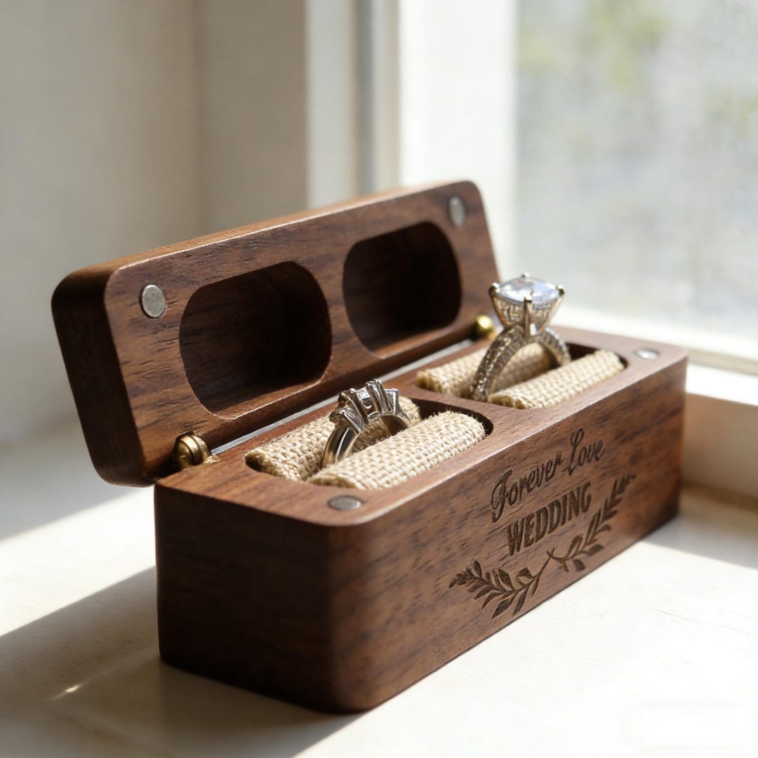 Walnut Double Ring Box With Wedding Engraving | Engagement Ring Case - Etsy