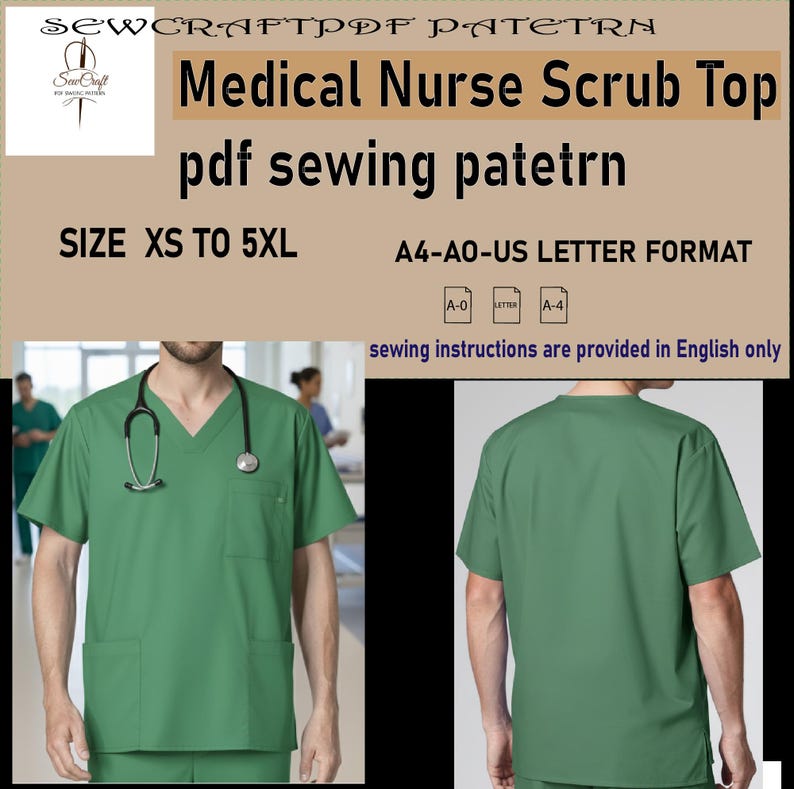 Medical Nurse Scrub Top |downloadable PDF Sewing Pattern |A4 US Letter ...