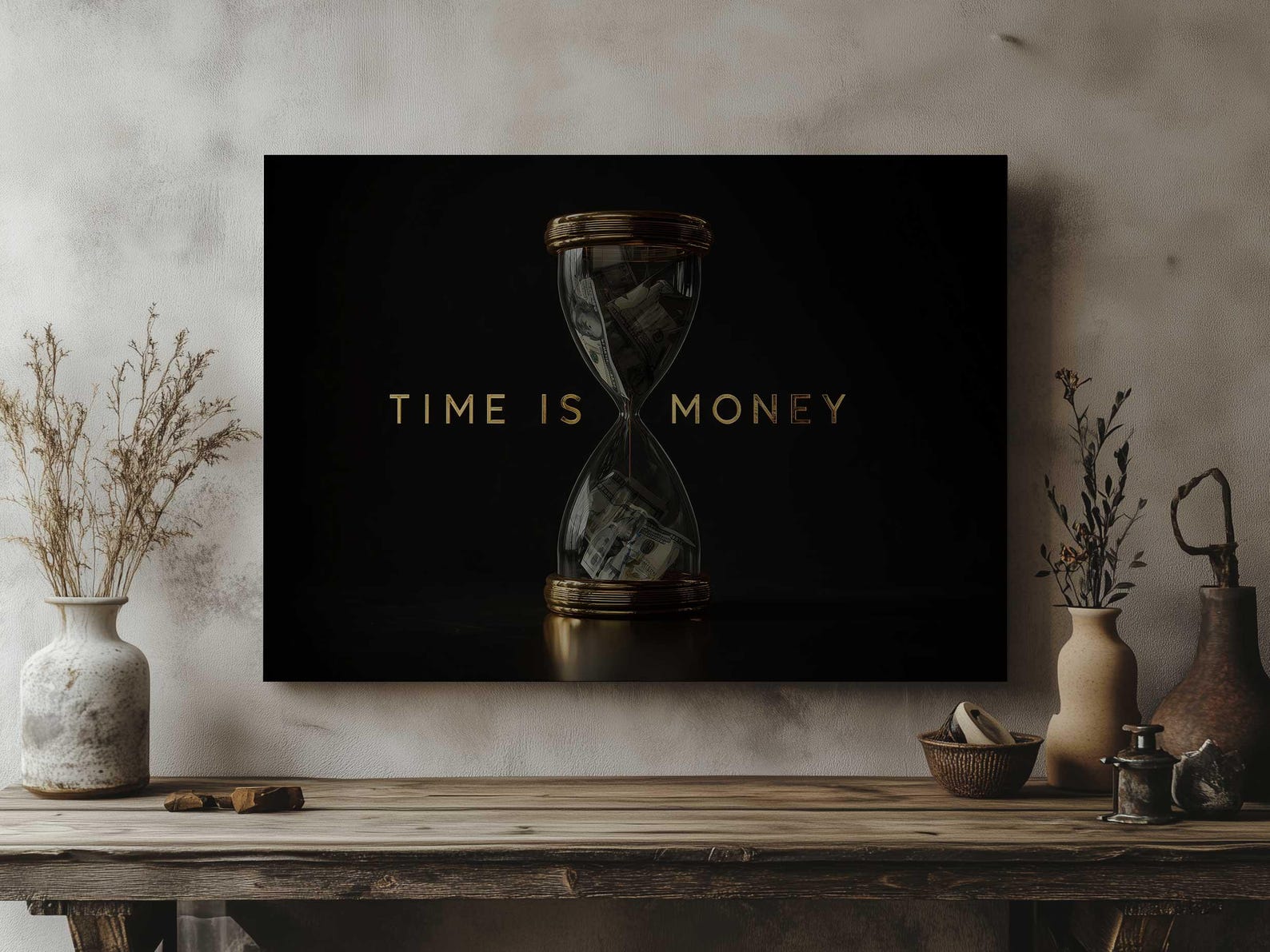 Time is Money Canvas, Motivational Quote Wall Art - Hourglass of Wealth ...