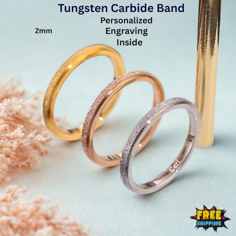 2mm Tungsten Ring Women | Sandblasted Rose Gold Silver Gold | Dainty ...