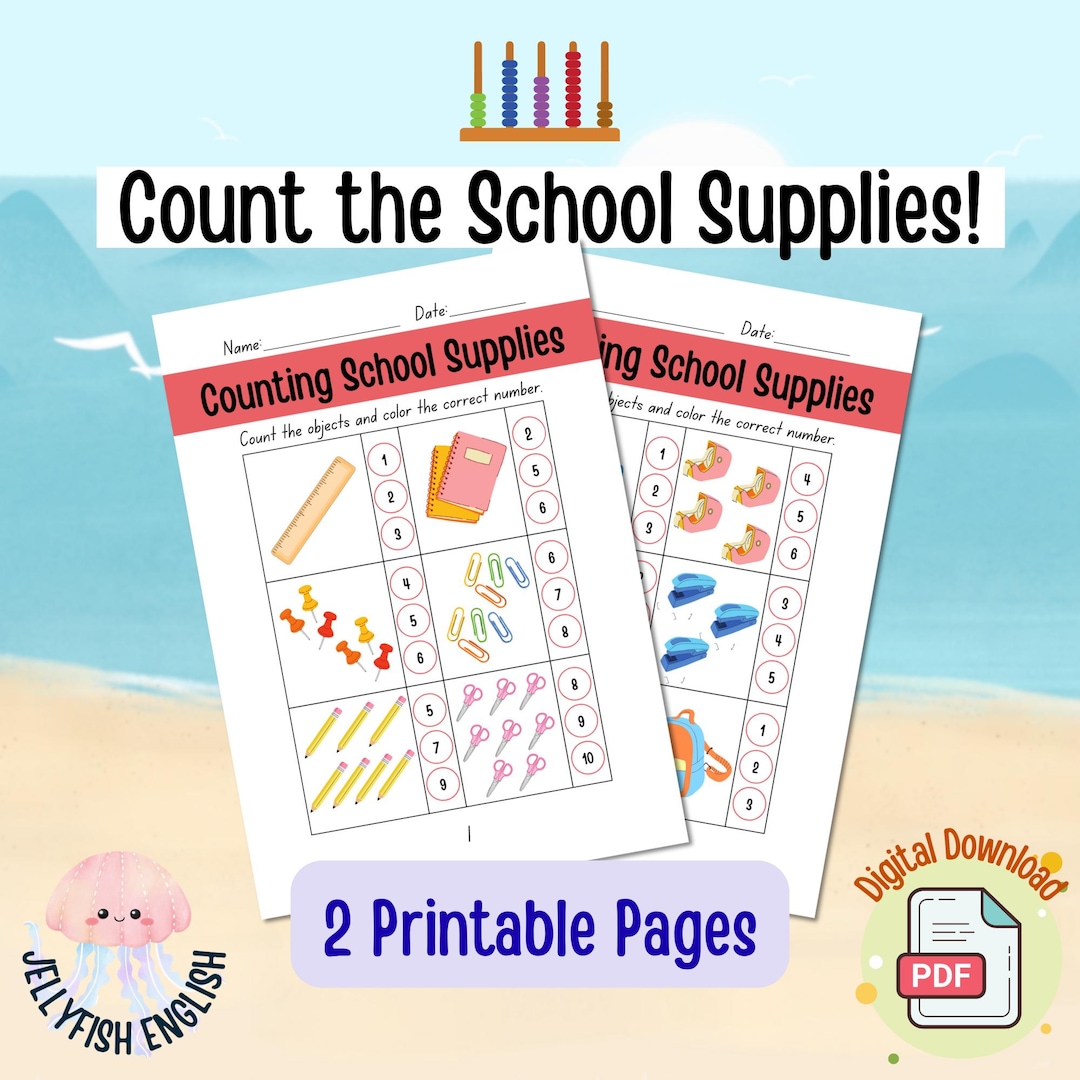 School Supplies Counting Worksheets | Numbers 1-10 Math Printable - Etsy