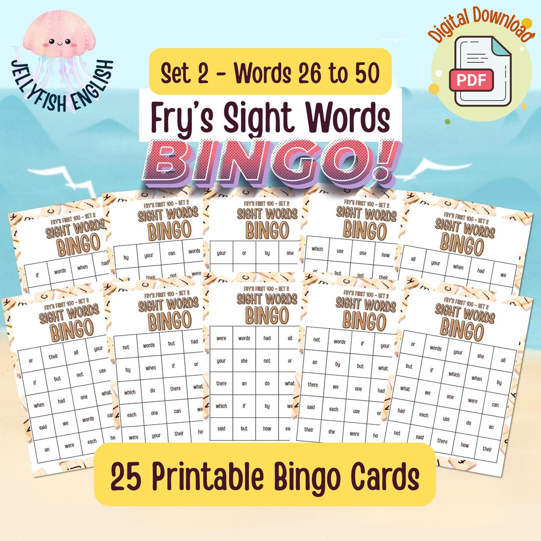 Fry’s Sight Words Bingo Set 2, Words 26-50 of 100, Early Literacy ...