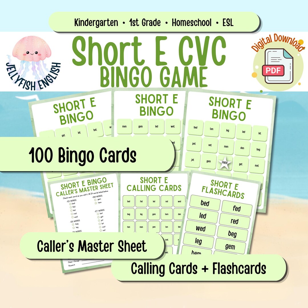 Phonics Short E CVC Word Bingo | 100 Cards, Literacy Centers for ...