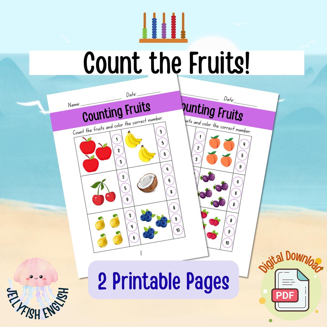 Fruit Counting Worksheets | Pre-k Kindergarten Math Printable - Etsy