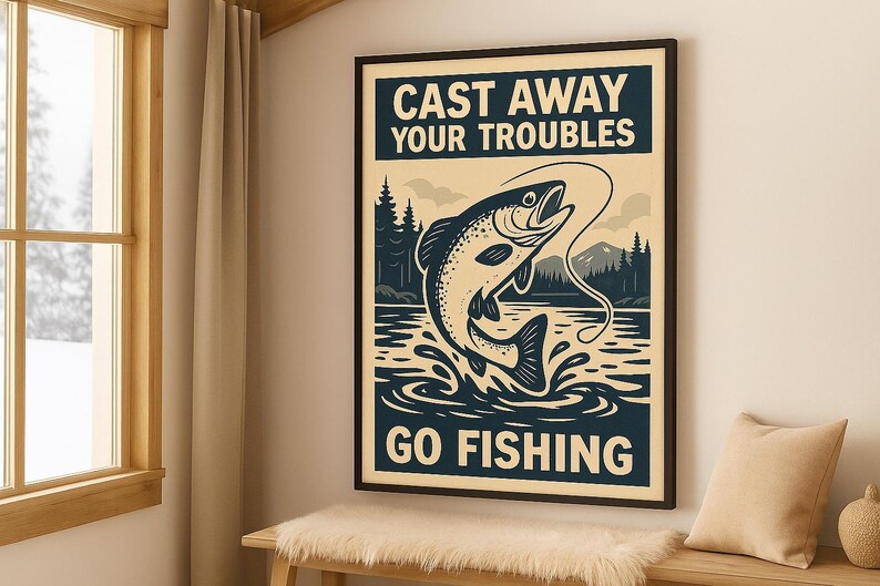 Cast Away Your Troubles Go Fishing, Rustic Cabin Wall Art, Digital ...