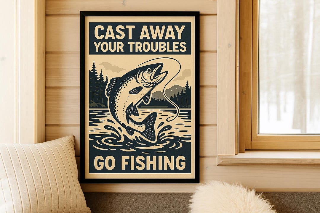Cast Away Your Troubles Go Fishing, Rustic Cabin Wall Art, Digital ...