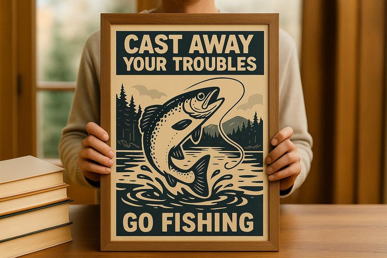 Cast Away Your Troubles Go Fishing, Rustic Cabin Wall Art, Digital ...
