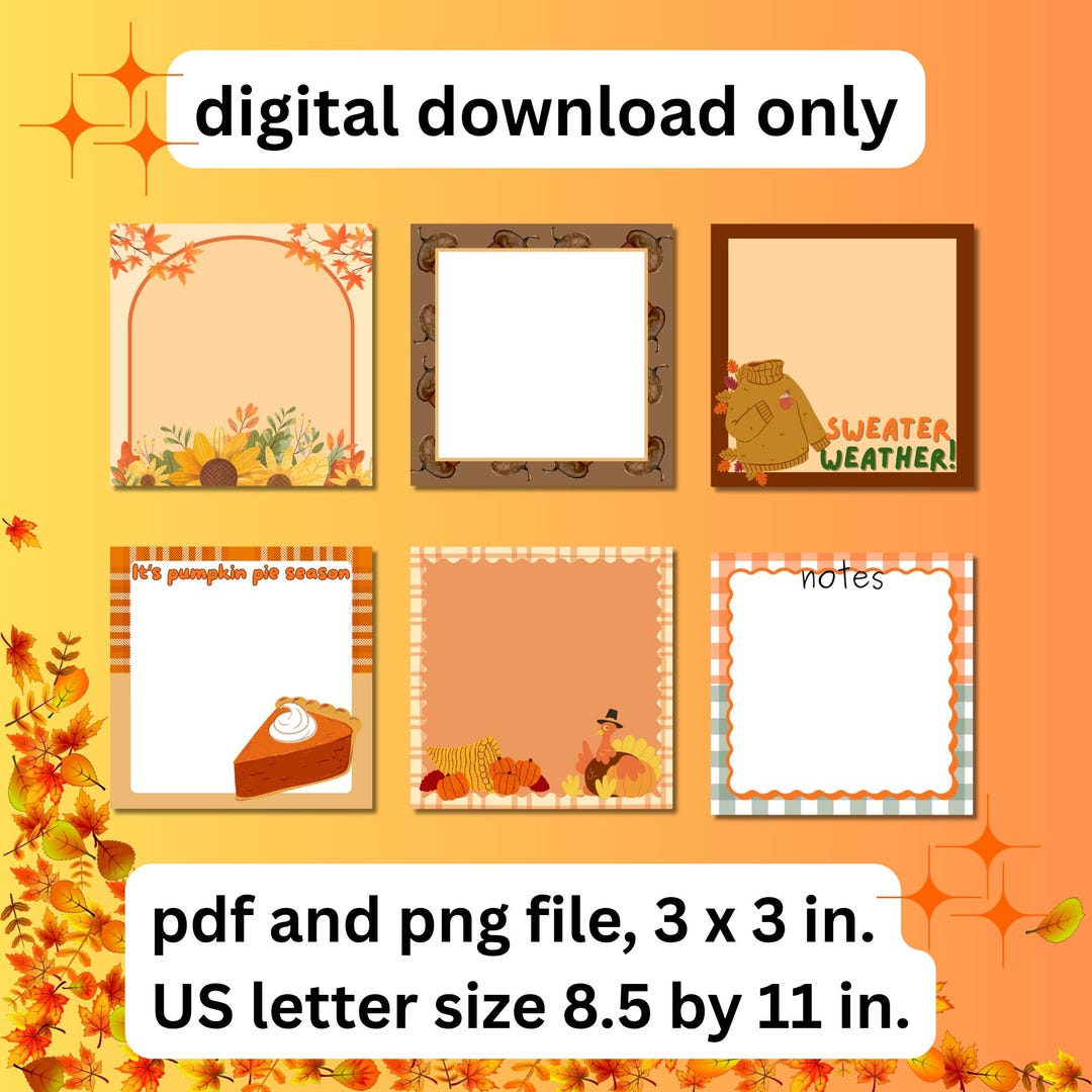 Thanksgiving Fall Themed Printable Sticky Notes Notepad Set 3x3 Inches ...
