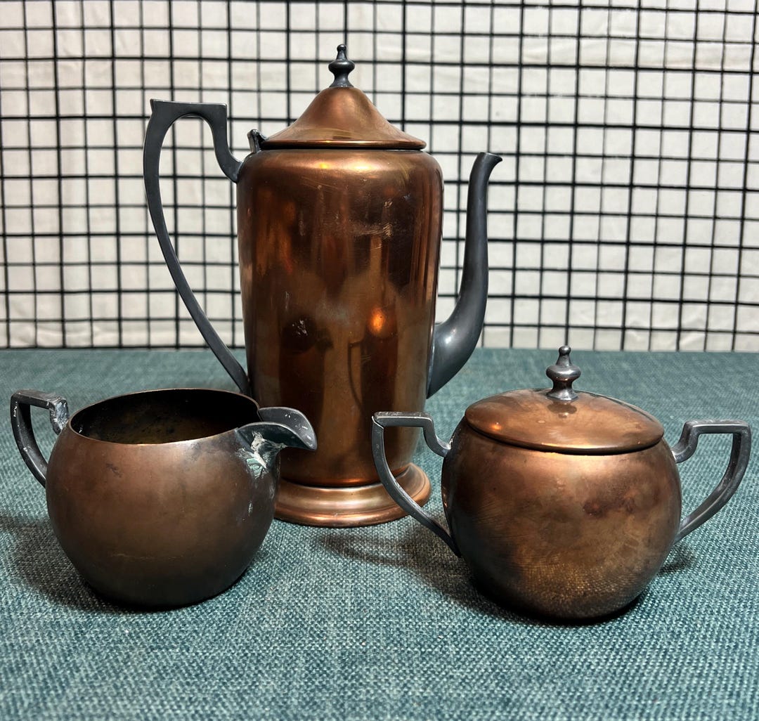 Vintage Academy Silver on Copper Tea Coffee Pot Kettle Pitcher, Creamer ...