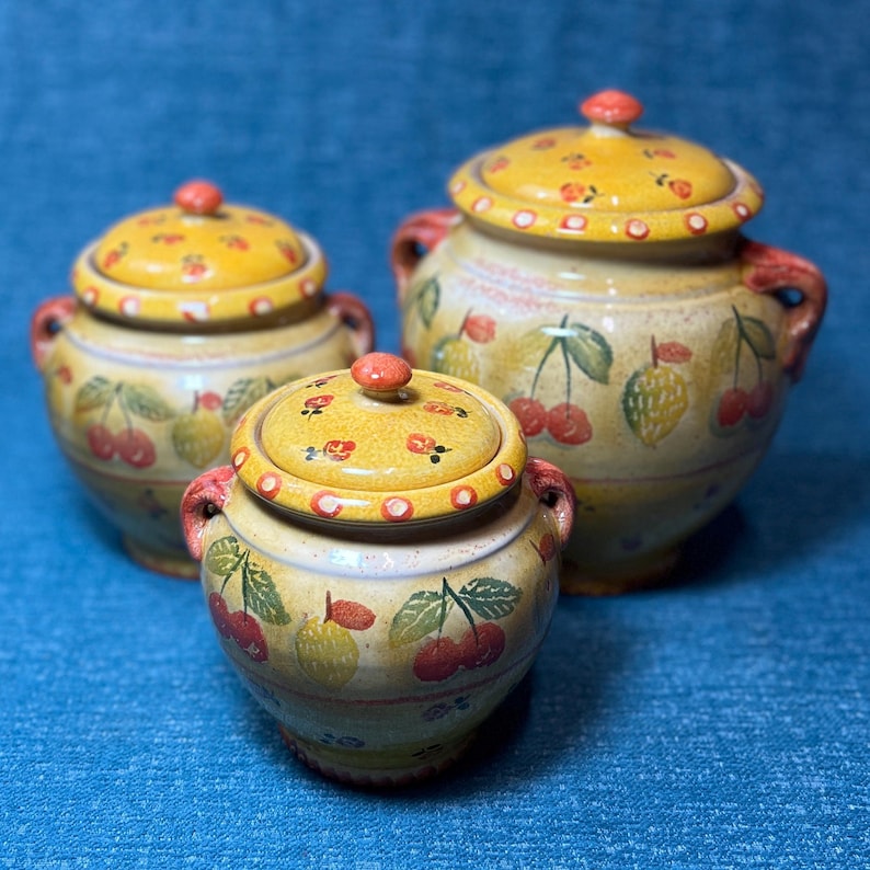 Vintage Neiman Marcus Lemon and Cherry Italian Pottery Canisters Set ...