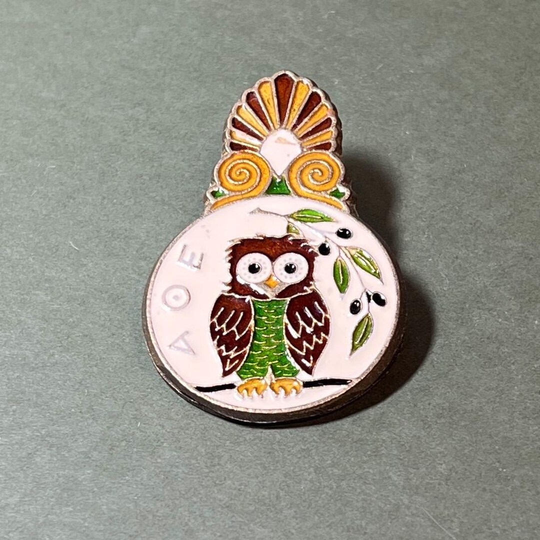 Vintage Greek Brass Enamel AOE Athena Owl & MONUMENT BUILDING Paper ...