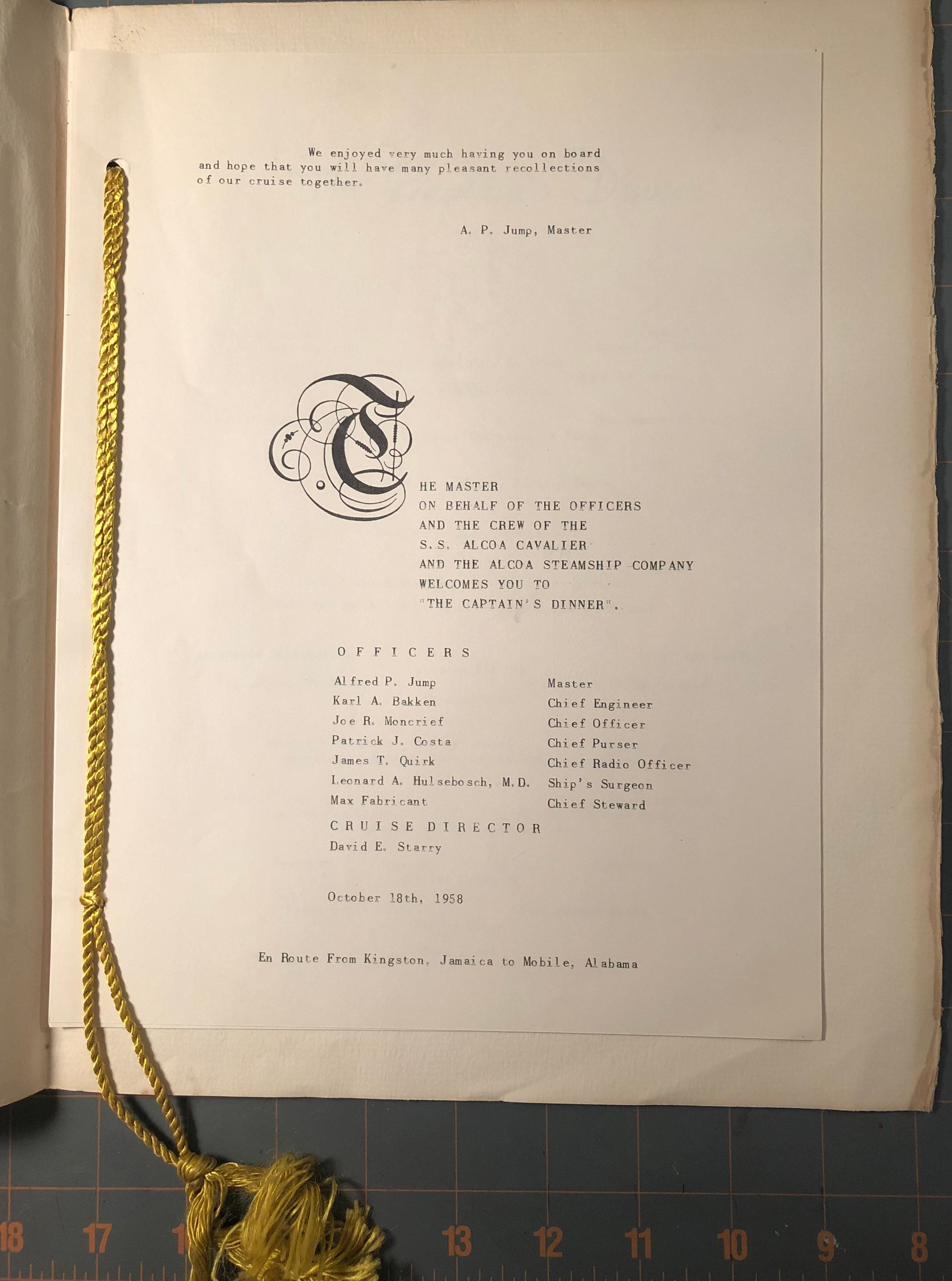 Vintage Captain's Dinner Menu S. S. Alcoa Cavalier 1958 - Etsy