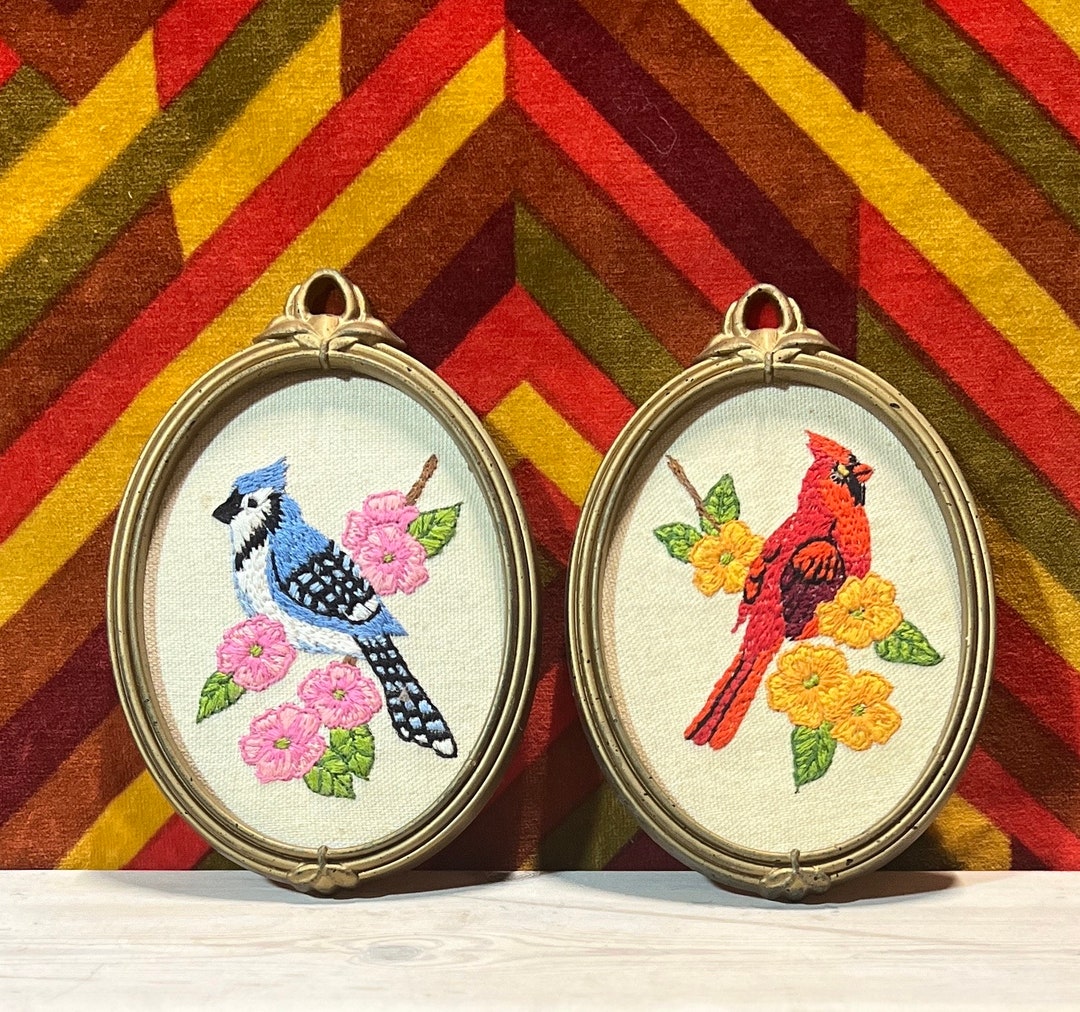 Vintage Embroidered Blue Bird Cardinal in Gold Oval Frames - Etsy