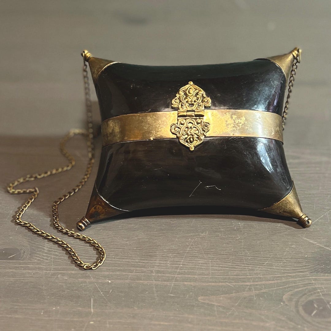 Vintage 30s Brass and Horn Pillow Purse Indigo Velvet Lined Floral ...