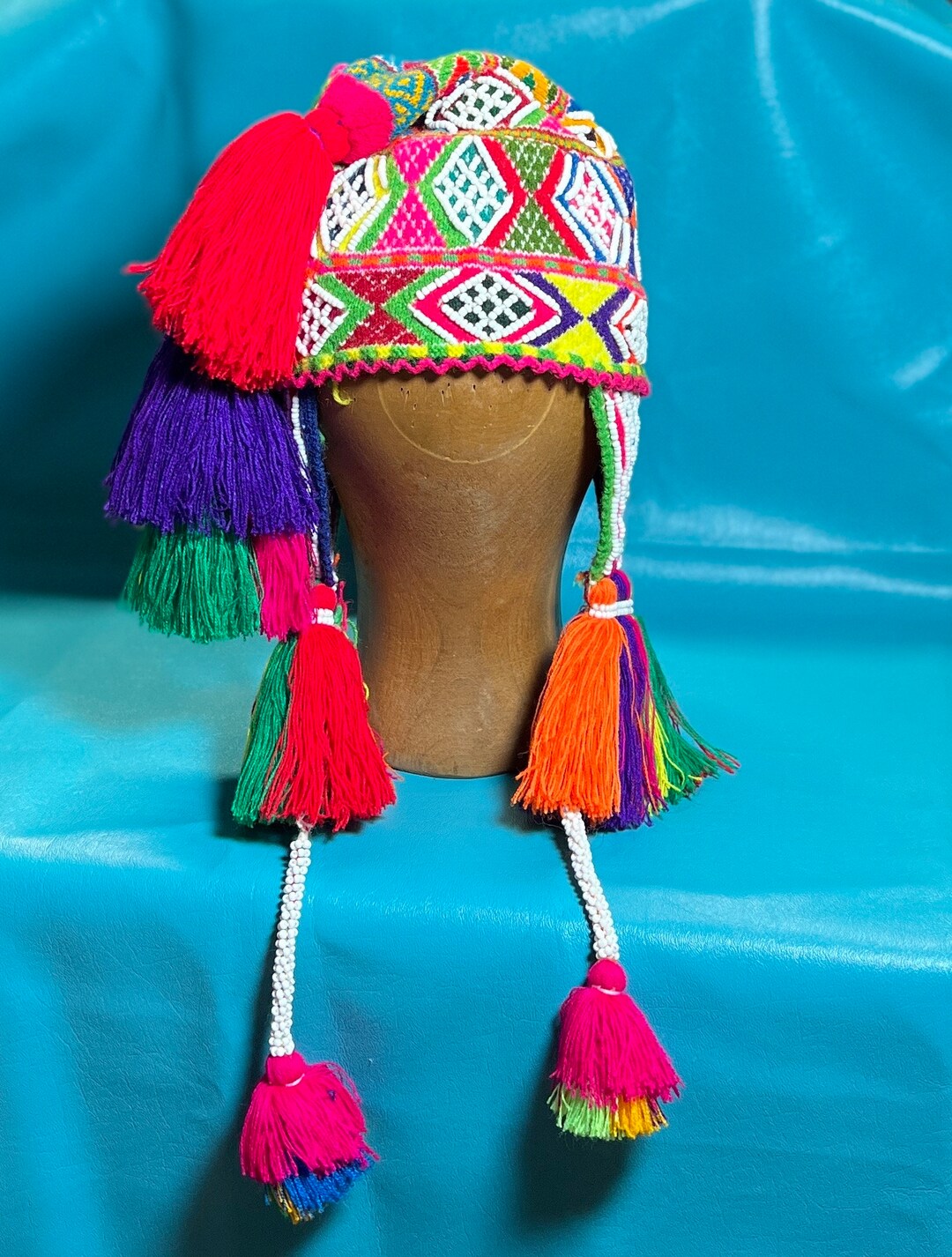 Beaded Shaman Ch'ullo Peru Winter Hat Colorful Pom Poms Tassels ...